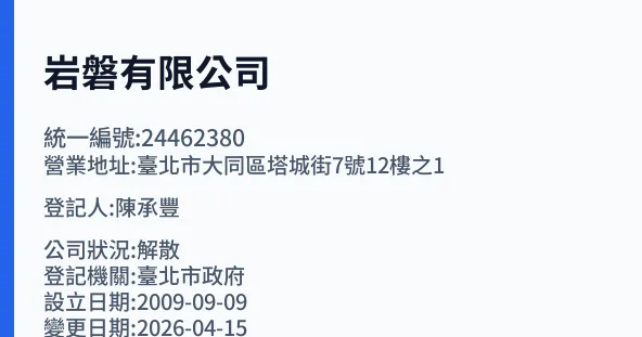 岩磐有限公司的照片-統編 24462380(臺北市) 公司登記資料與營業項目詳細圖表