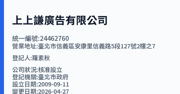 上上謙廣告有限公司的照片-統編 24462760(臺北市) 公司登記資料與營業項目詳細圖表