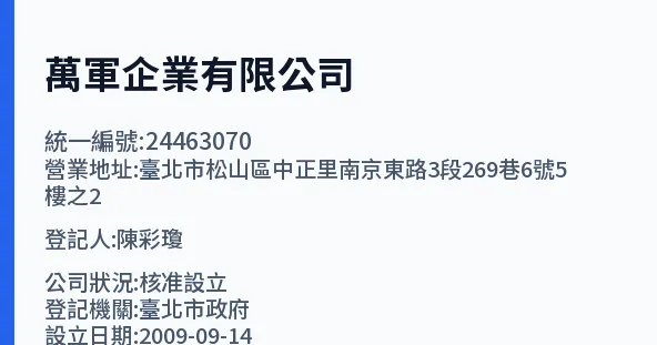 萬軍企業有限公司的照片-統編 24463070(臺北市) 公司登記資料與營業項目詳細圖表