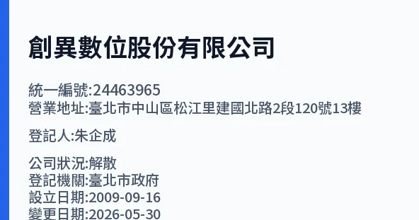 創異數位股份有限公司的照片-統編 24463965(臺北市) 公司登記資料與營業項目詳細圖表