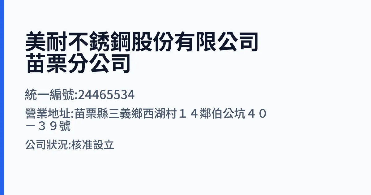 美耐不銹鋼股份有限公司苗栗分公司 - 統編 24465534(苗栗縣) 公司登記資料與營業項目詳細圖表