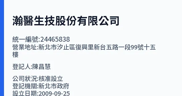 瀚醫生技股份有限公司的照片-統編 24465838(新北市) 公司登記資料與營業項目詳細圖表