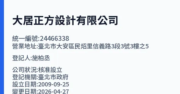 大居正方設計有限公司的照片-統編 24466338(臺北市) 公司登記資料與營業項目詳細圖表