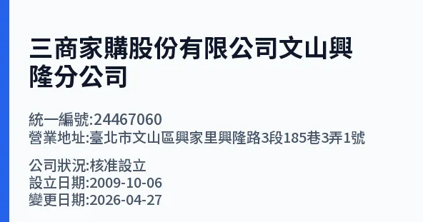 三商家購股份有限公司文山興隆分公司的照片-統編 24467060(臺北市) 公司登記資料與營業項目詳細圖表