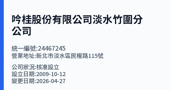 吟桂股份有限公司淡水竹圍分公司的照片-統編 24467245(新北市) 公司登記資料與營業項目詳細圖表