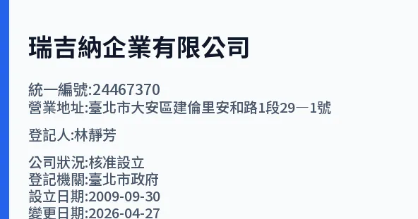 瑞吉納企業有限公司的照片-統編 24467370(臺北市) 公司登記資料與營業項目詳細圖表