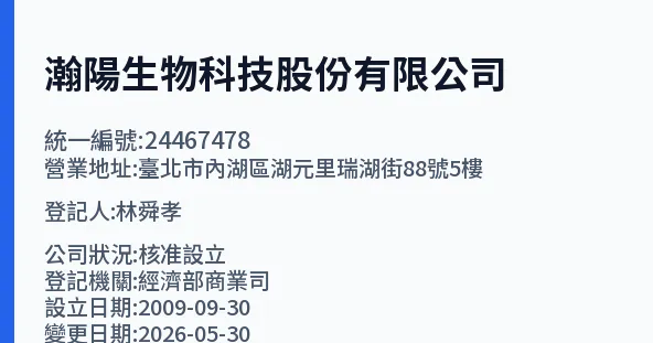 瀚陽生物科技股份有限公司的照片-統編 24467478(臺北市) 公司登記資料與營業項目詳細圖表