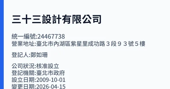三十三設計有限公司的照片-統編 24467738(臺北市) 公司登記資料與營業項目詳細圖表