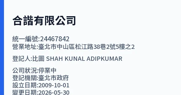 合諧有限公司的照片-統編 24467842(臺北市) 公司登記資料與營業項目詳細圖表