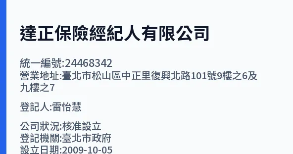 達正保險經紀人有限公司的照片-統編 24468342(臺北市) 公司登記資料與營業項目詳細圖表