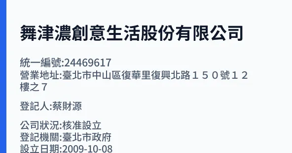舞津濃創意生活股份有限公司的照片-統編 24469617(臺北市) 公司登記資料與營業項目詳細圖表