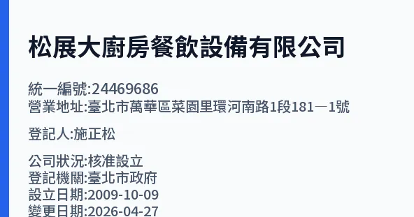 松展大廚房餐飲設備有限公司的照片-統編 24469686(臺北市) 公司登記資料與營業項目詳細圖表