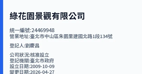 綠花園景觀有限公司的照片-統編 24469948(臺北市) 公司登記資料與營業項目詳細圖表