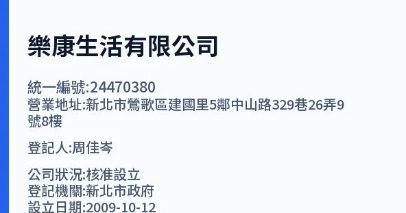 樂康生活有限公司的照片-統編 24470380(新北市) 公司登記資料與營業項目詳細圖表