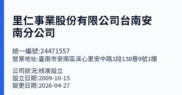 里仁事業股份有限公司台南安南分公司的照片-統編 24471557(臺南市) 公司登記資料與營業項目詳細圖表