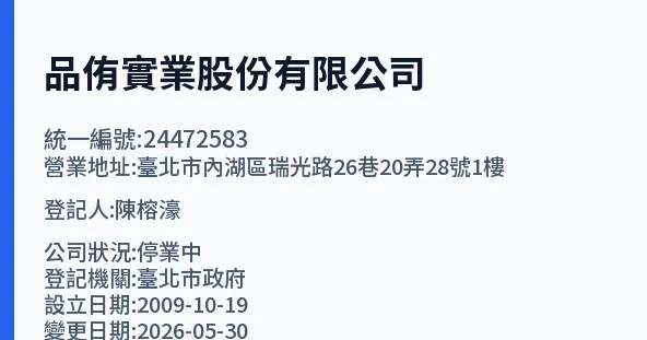 品侑實業股份有限公司的照片-統編 24472583(臺北市) 公司登記資料與營業項目詳細圖表