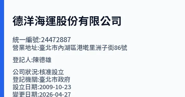 德洋海運股份有限公司的照片-統編 24472887(臺北市) 公司登記資料與營業項目詳細圖表