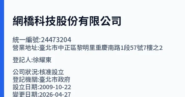 網橋科技股份有限公司的照片-統編 24473204(臺北市) 公司登記資料與營業項目詳細圖表