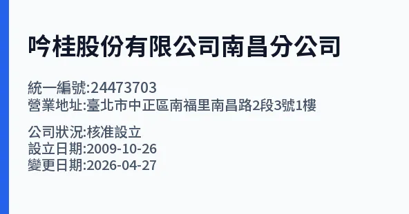 吟桂股份有限公司南昌分公司的照片-統編 24473703(臺北市) 公司登記資料與營業項目詳細圖表