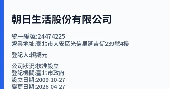 朝日生活股份有限公司的照片-統編 24474225(臺北市) 公司登記資料與營業項目詳細圖表