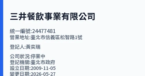 三井餐飲事業有限公司的照片-統編 24477481(臺北市) 公司登記資料與營業項目詳細圖表