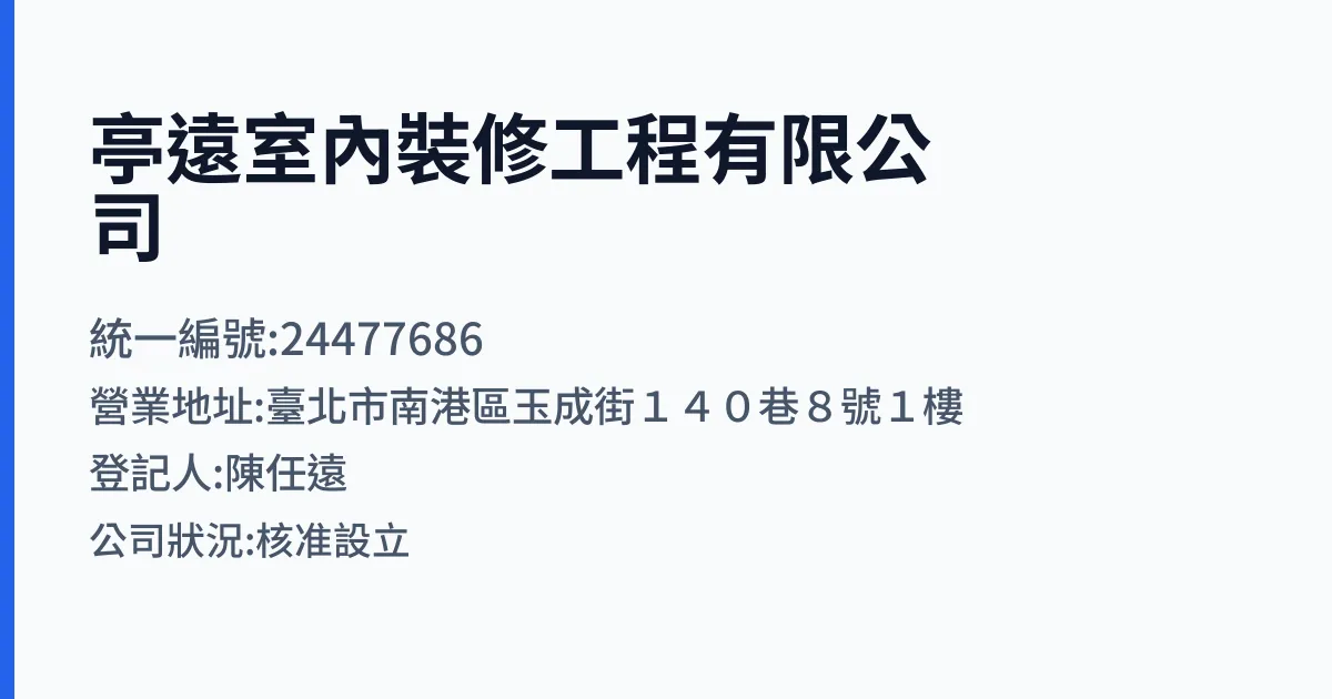 亭遠室內裝修工程有限公司 - 統編 24477686(臺北市) 公司登記資料與營業項目詳細圖表