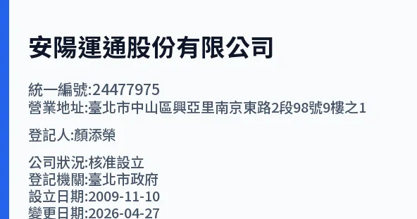 安陽運通股份有限公司的照片-統編 24477975(臺北市) 公司登記資料與營業項目詳細圖表