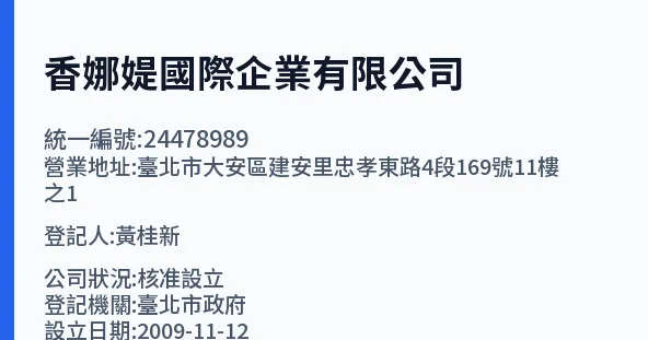香娜媞國際企業有限公司的照片-統編 24478989(臺北市) 公司登記資料與營業項目詳細圖表