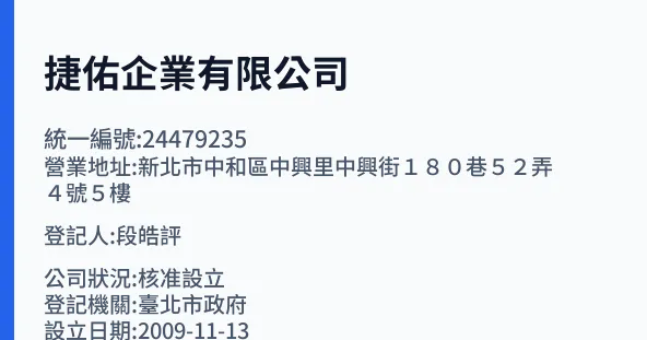 捷佑企業有限公司的照片-統編 24479235(臺北市) 公司登記資料與營業項目詳細圖表