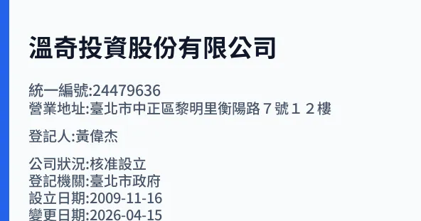 溫奇投資股份有限公司的照片-統編 24479636(臺北市) 公司登記資料與營業項目詳細圖表