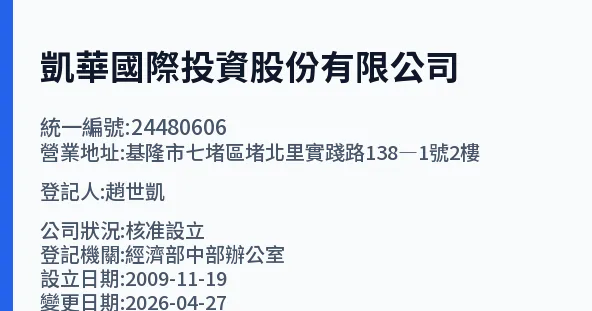 凱華國際投資股份有限公司的照片-統編 24480606(基隆市) 公司登記資料與營業項目詳細圖表
