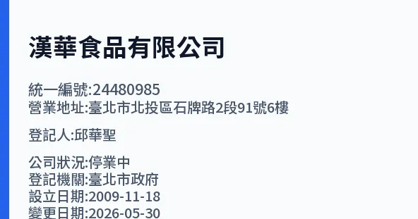 漢華食品有限公司的照片-統編 24480985(臺北市) 公司登記資料與營業項目詳細圖表