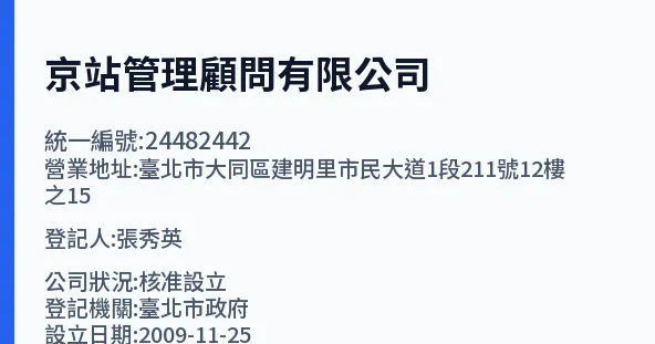京站管理顧問有限公司的照片-統編 24482442(臺北市) 公司登記資料與營業項目詳細圖表