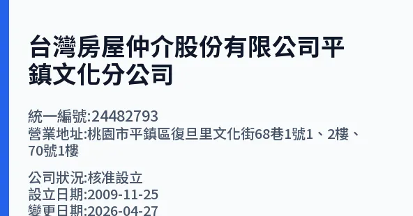 台灣房屋仲介股份有限公司平鎮文化分公司的照片-統編 24482793(桃園市) 公司登記資料與營業項目詳細圖表