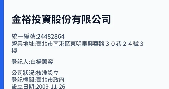 金裕投資股份有限公司的照片-統編 24482864(臺北市) 公司登記資料與營業項目詳細圖表
