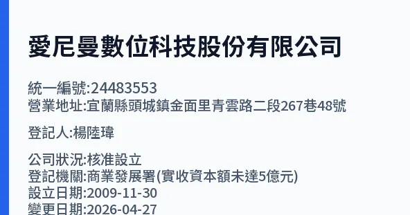 愛尼曼數位科技股份有限公司的照片-統編 24483553(宜蘭縣) 公司登記資料與營業項目詳細圖表