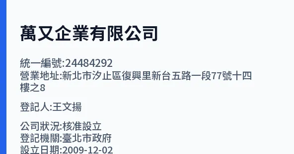 萬又企業有限公司的照片-統編 24484292(新北市) 公司登記資料與營業項目詳細圖表