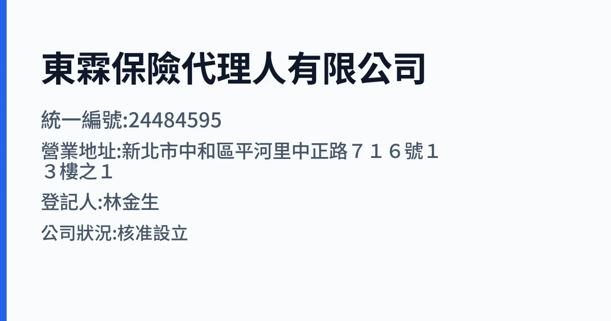 東霖保險代理人有限公司 - 統編 24484595(新北市) 公司登記資料與營業項目詳細圖表
