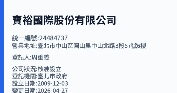 寶裕國際股份有限公司的照片-統編 24484737(臺北市) 公司登記資料與營業項目詳細圖表