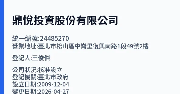 鼎悅投資股份有限公司的照片-統編 24485270(臺北市) 公司登記資料與營業項目詳細圖表