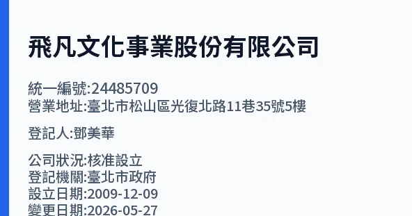 飛凡文化事業股份有限公司的照片-統編 24485709(臺北市) 公司登記資料與營業項目詳細圖表