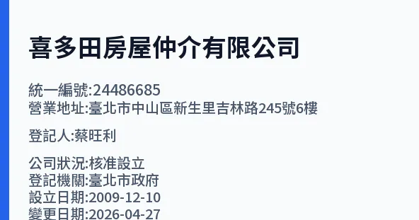 喜多田房屋仲介有限公司的照片-統編 24486685(臺北市) 公司登記資料與營業項目詳細圖表