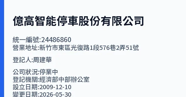 億高智能停車股份有限公司的照片-統編 24486860(新竹市) 公司登記資料與營業項目詳細圖表