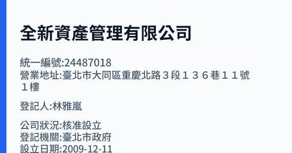 全新資產管理有限公司的照片-統編 24487018(臺北市) 公司登記資料與營業項目詳細圖表