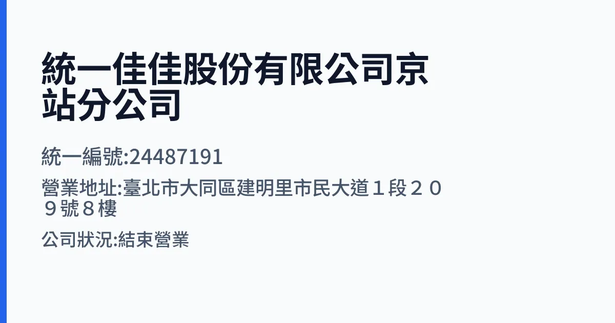 統一佳佳股份有限公司京站分公司 - 統編 24487191（臺北市） 公司登記資料與營業項目詳細圖表