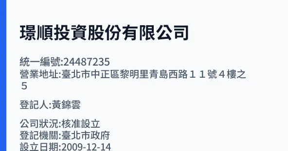 璟順投資股份有限公司的照片-統編 24487235(臺北市) 公司登記資料與營業項目詳細圖表