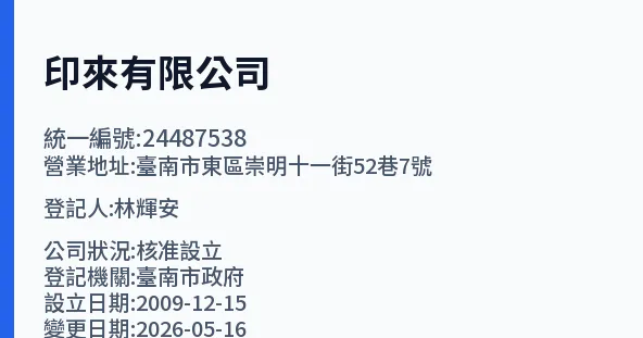 印來有限公司的照片-統編 24487538(臺南市) 公司登記資料與營業項目詳細圖表