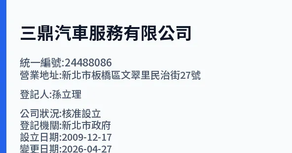 三鼎汽車服務有限公司的照片-統編 24488086(新北市) 公司登記資料與營業項目詳細圖表