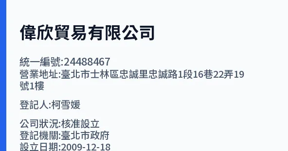 偉欣貿易有限公司的照片-統編 24488467(臺北市) 公司登記資料與營業項目詳細圖表