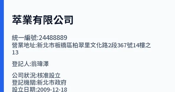 萃業有限公司的照片-統編 24488889(新北市) 公司登記資料與營業項目詳細圖表